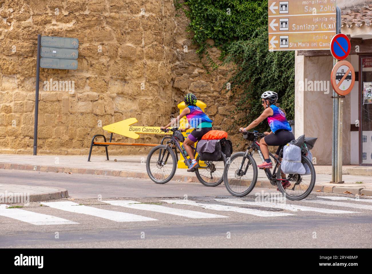 Pilgrims cycling the Camino de Santiago pilgrimage route, the way of St ...