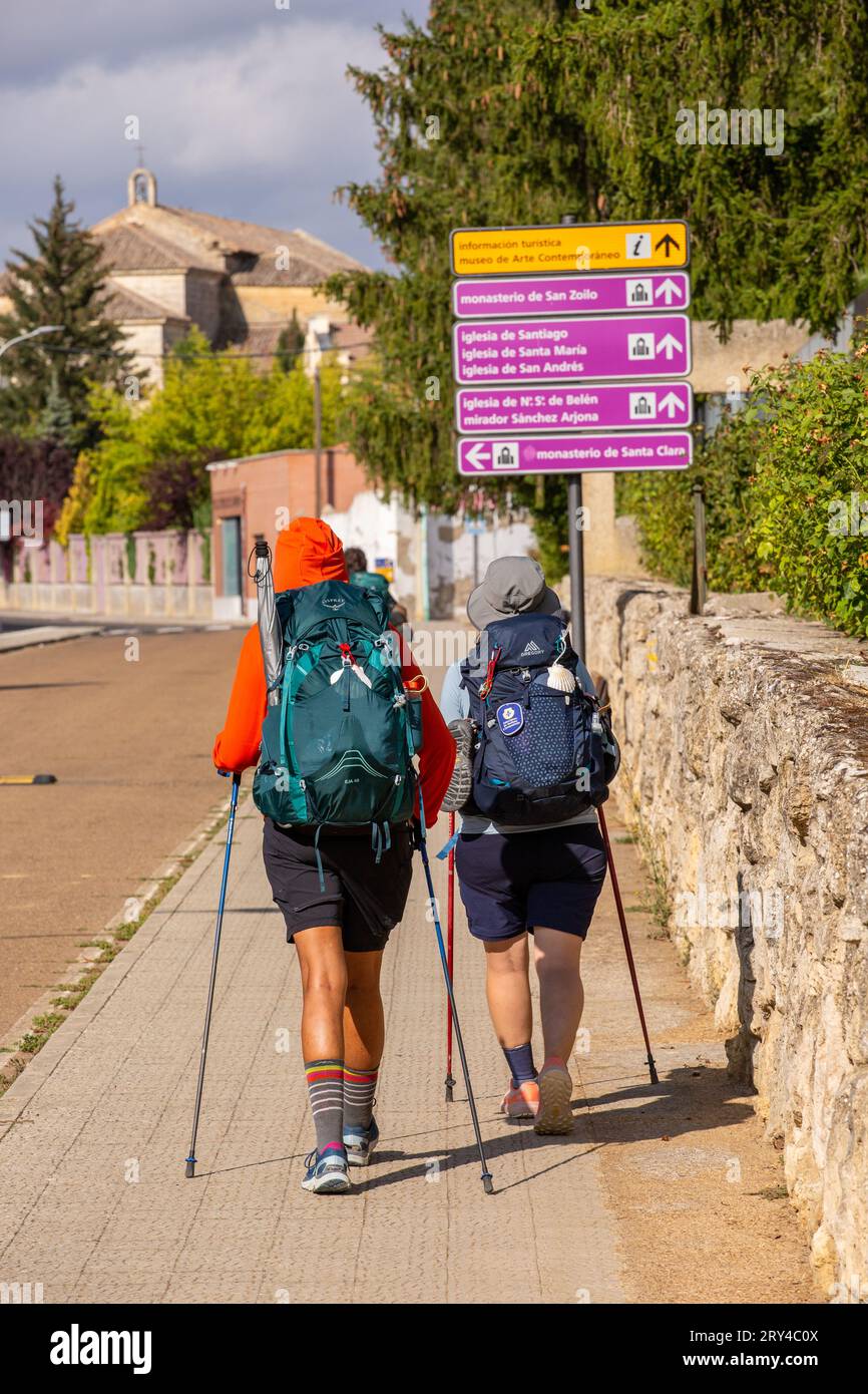 Pilgrims walking the Camino de Santiago, the way of St James pilgrimage ...