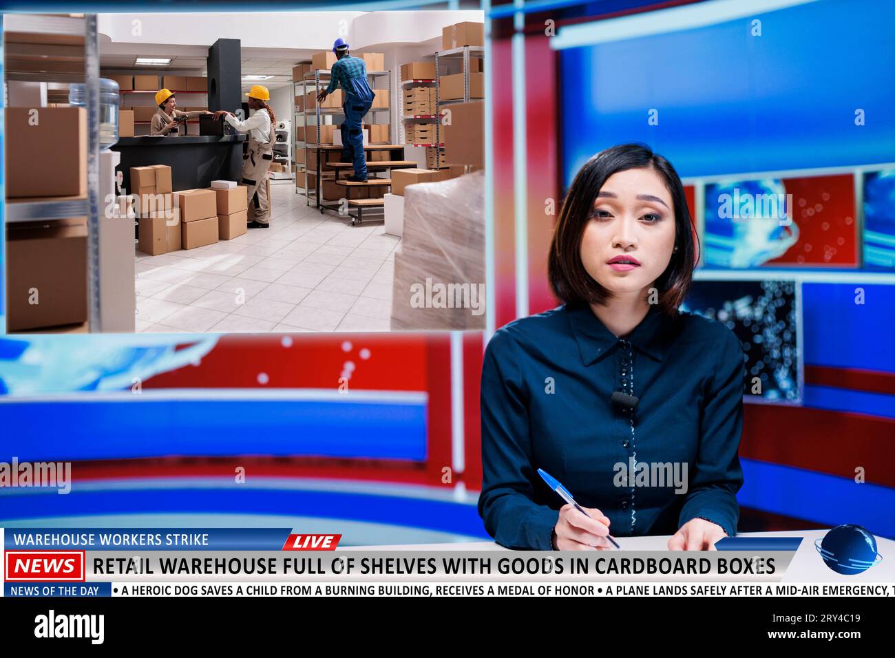 News anchor covers warehouse work topics, discussing about strike that ...