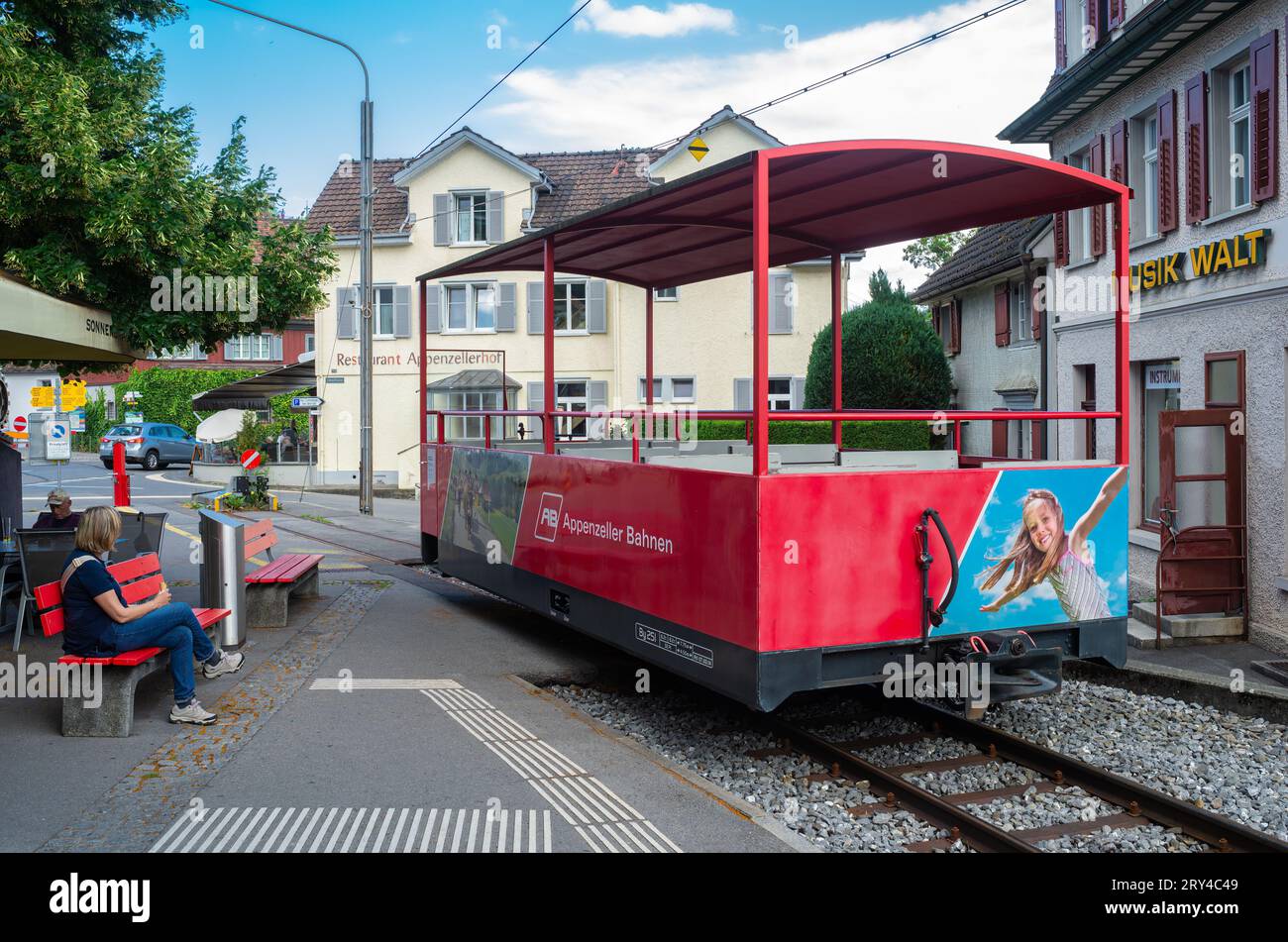 Altstatten, Switzerland - July 4, 2023: Tourist panoramic wagon of the ...