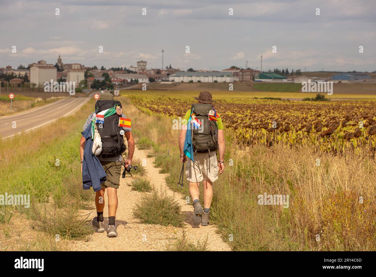 Pilgrims walking the Camino de Santiago pilgrimage route, the way of St ...