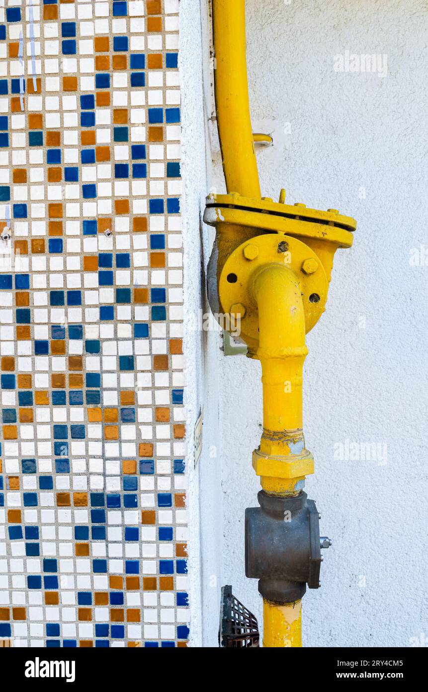 Gas installation on the wall of an old apartment block in Lenti ...