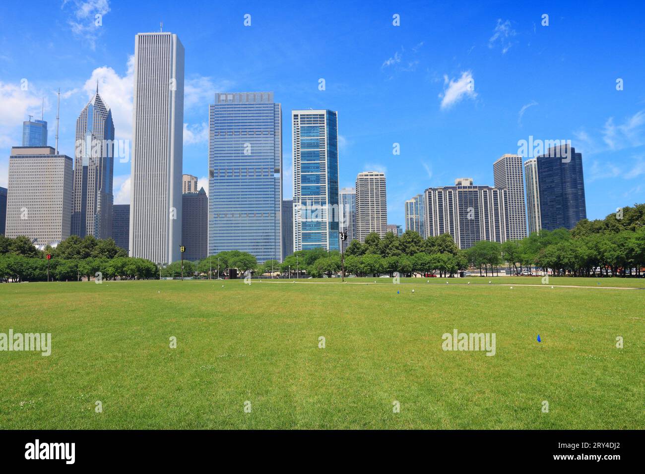 Chicago skyline stock photo with Grant Park lawn. Downtown Chicago ...