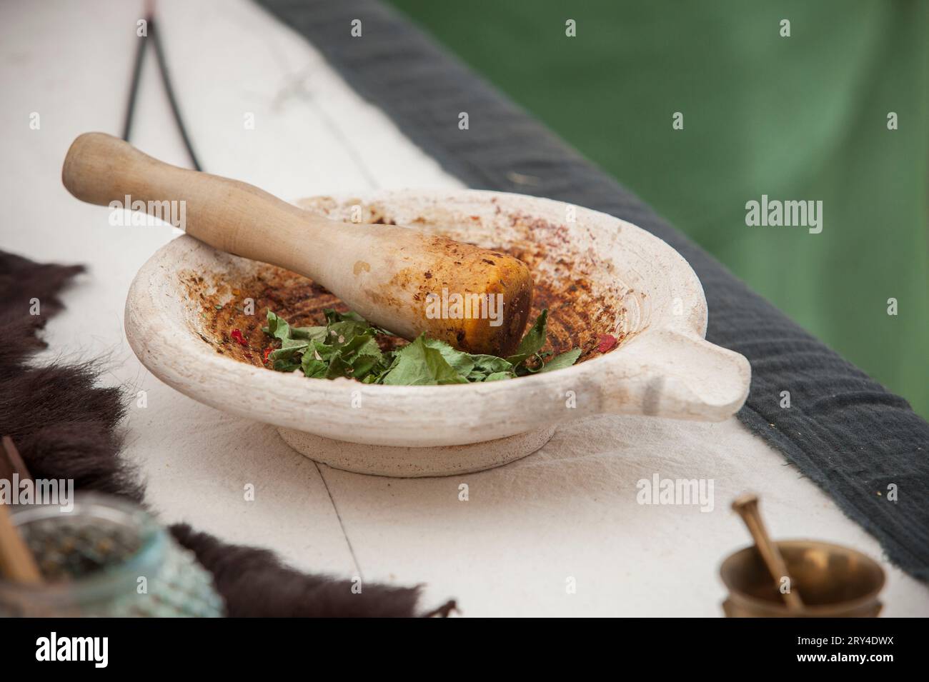 Mortarium or roman mortar with food. Ancient roman gastronomy concept ...