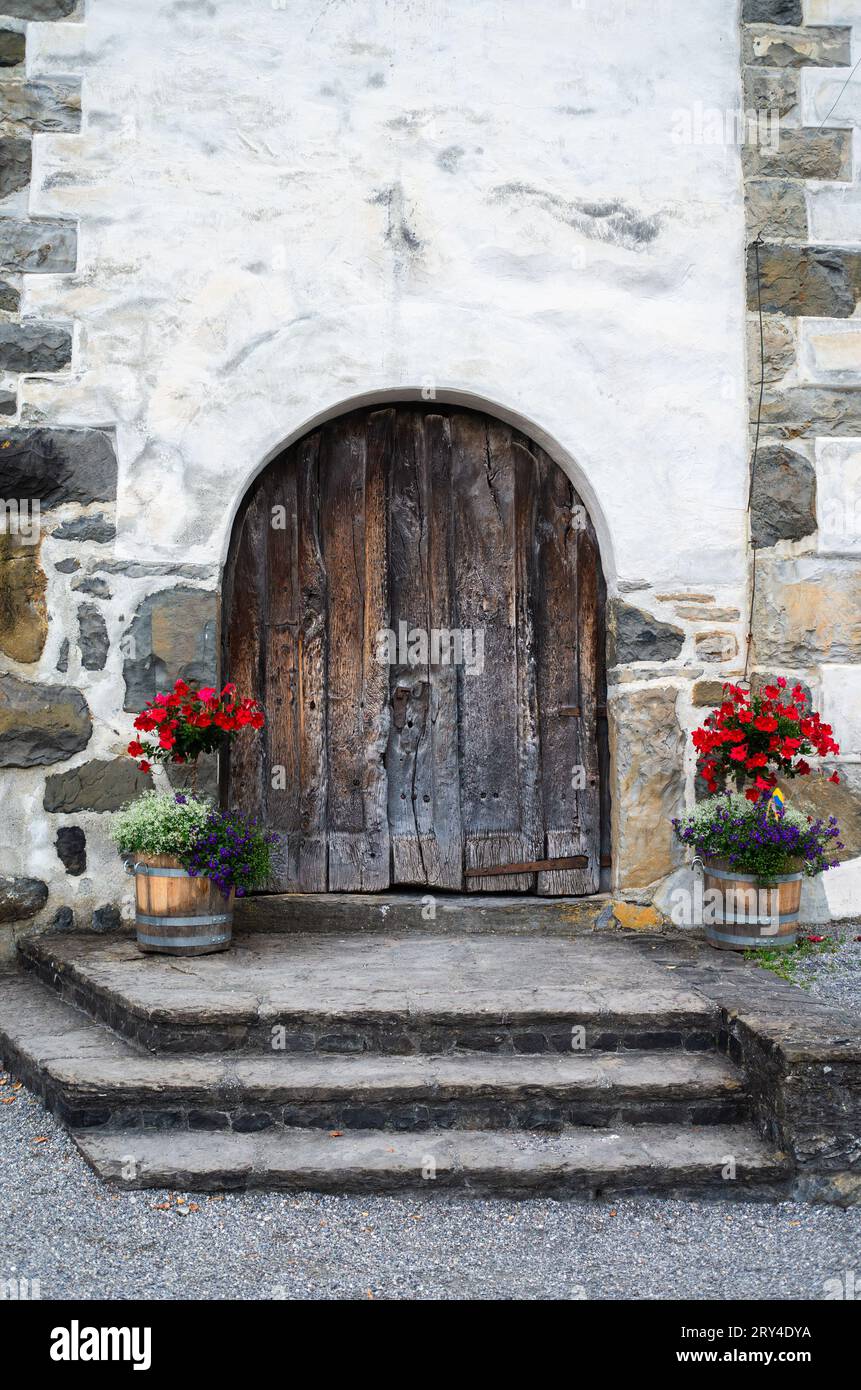 Wooden door to the tower of the medieval Werdenberg castle, Switzerland ...