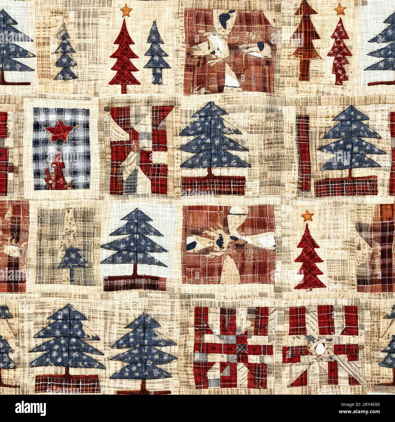 Old-Fashioned christmas tree with primitive hand sewing fabric effect ...
