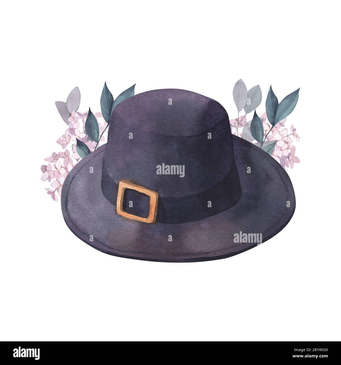 Watercolor realistic pilgrim black hat and leaves. Hand-drawn ...