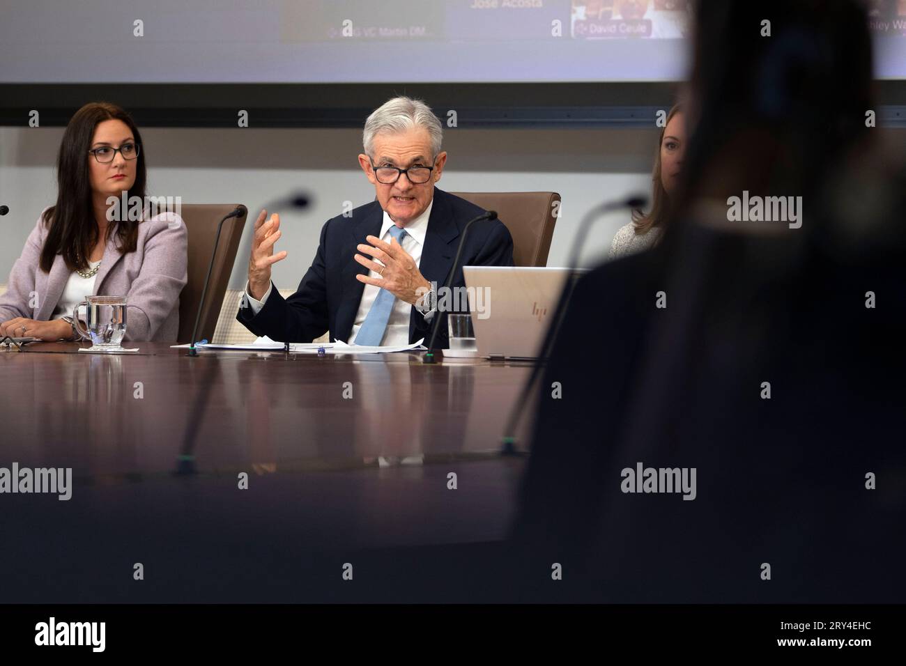 Federal Reserve Chairman Jerome Powell, right, speaks as Federal ...
