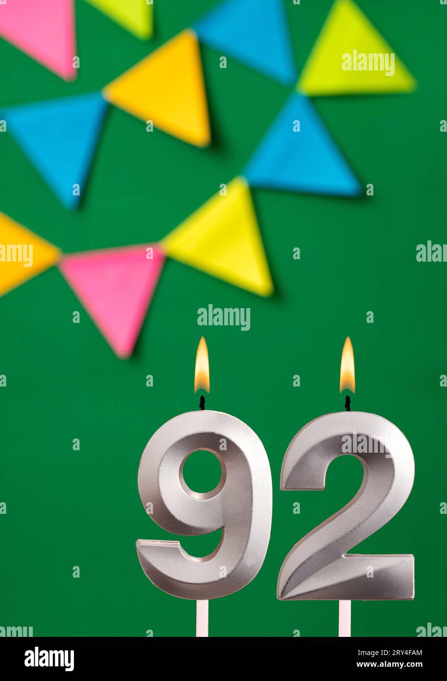 Vertical birthday card with number 92 candle - Green background with ...