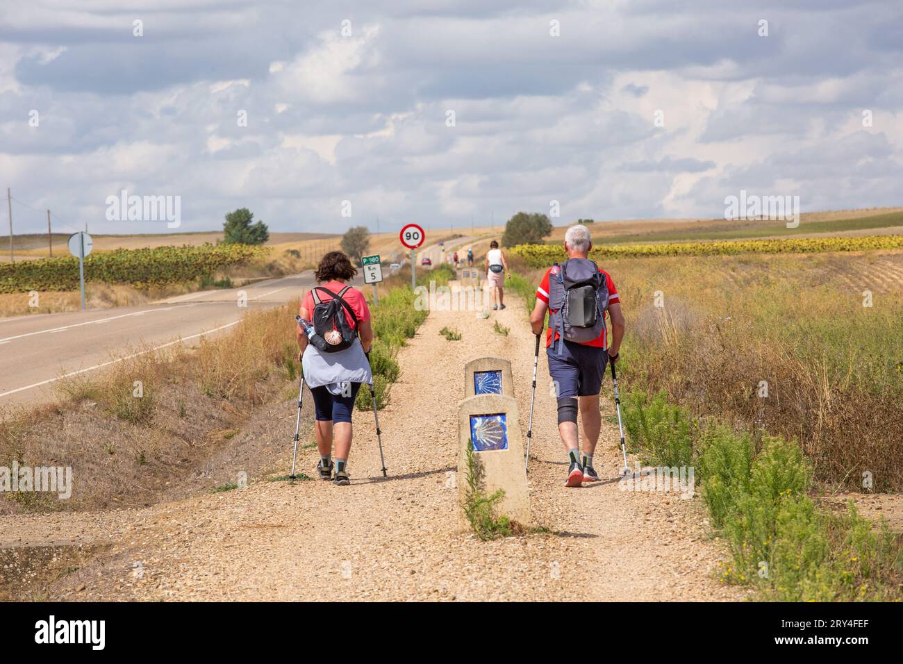 Pilgrims walking the Camino de Santiago pilgrimage route, the way of St ...