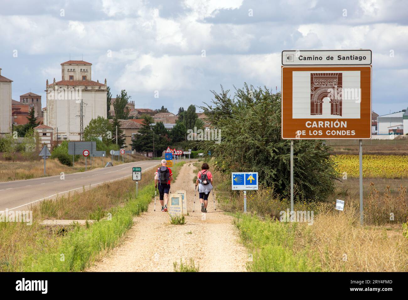Pilgrims walking the Camino de Santiago, the way of St James pilgrimage ...