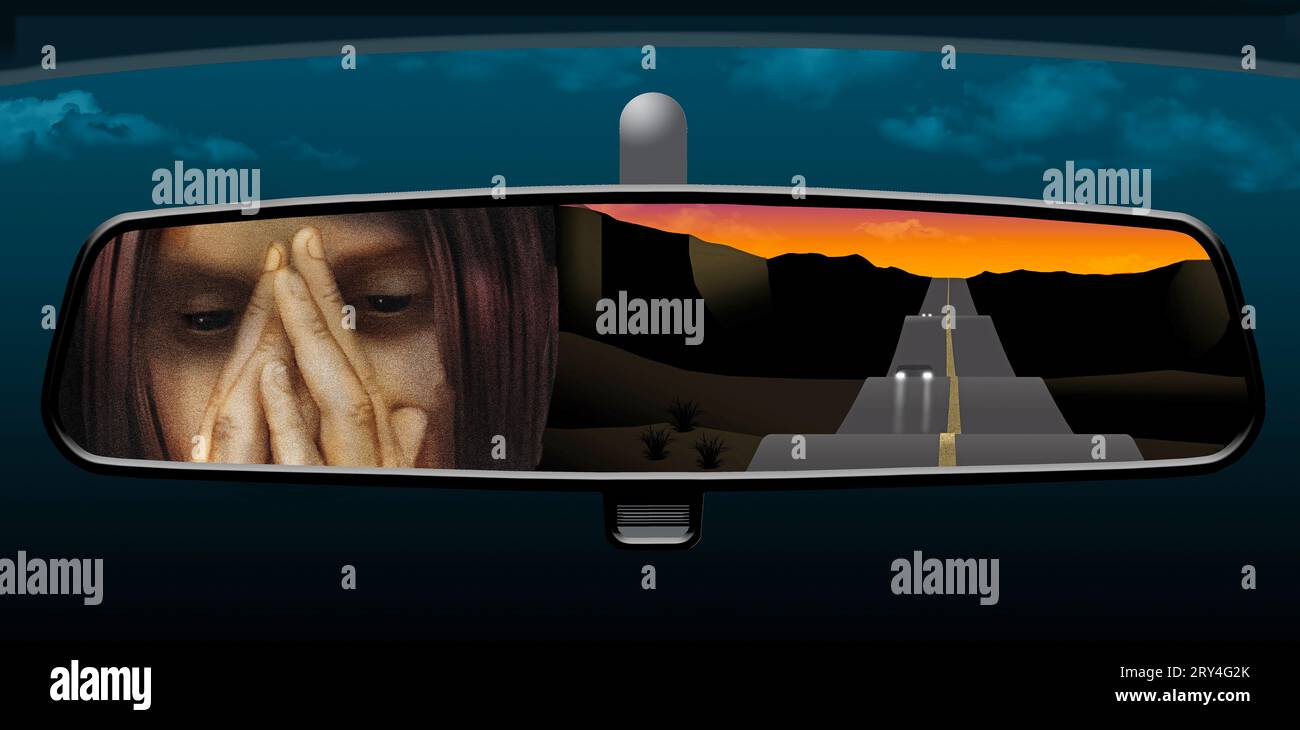 A woman driving shows signs of fatigue during a long drive at night in ...