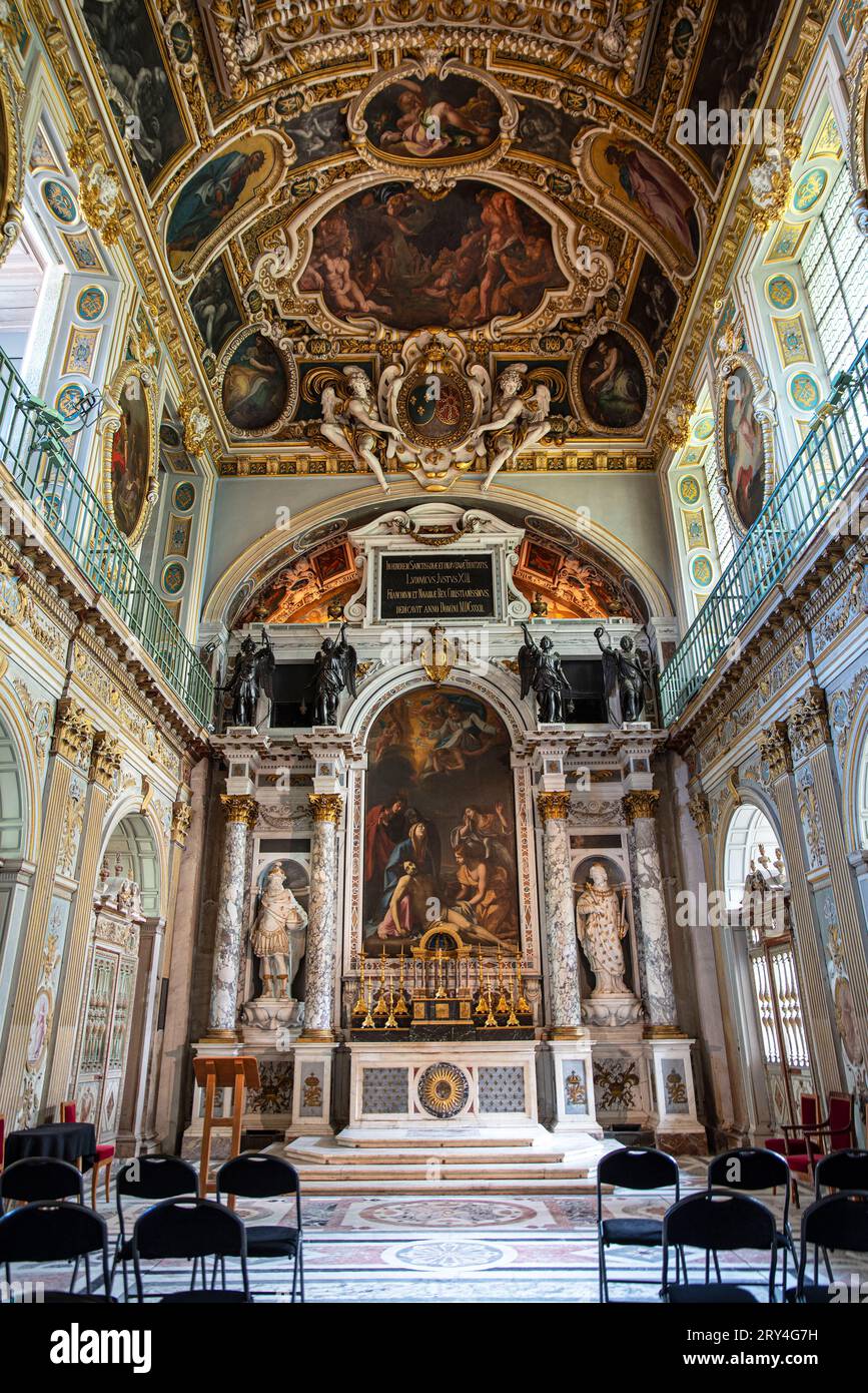 ancient baroque church of the château de Fontainebleau with its painted ...