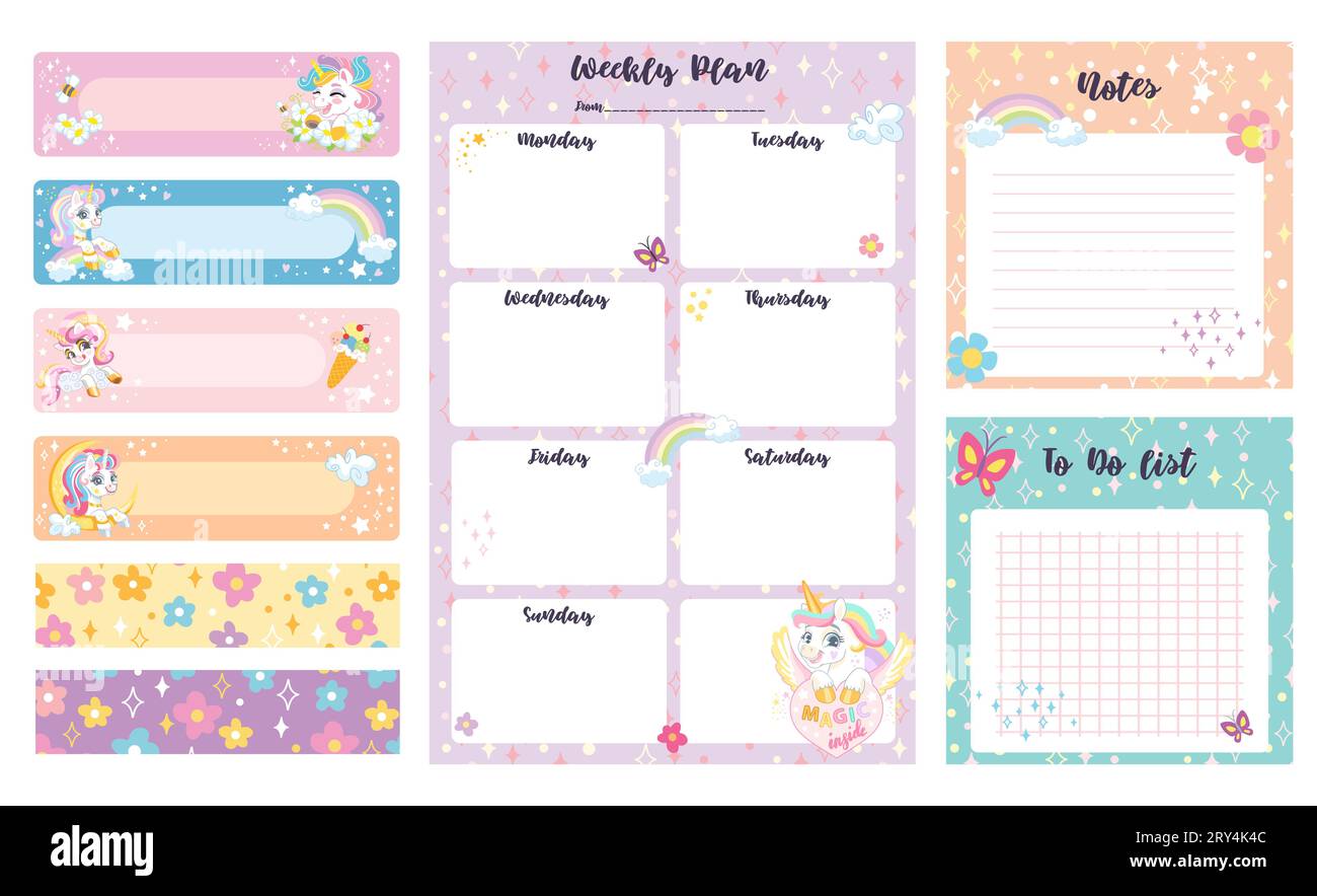 Set of weekly planner with cute unicorns. Kids schedule of classes ...