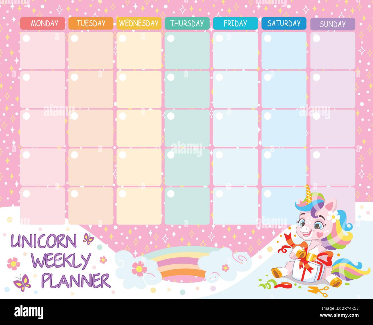 Education timetable schedule. Cartoon baby unicorn with a present ...