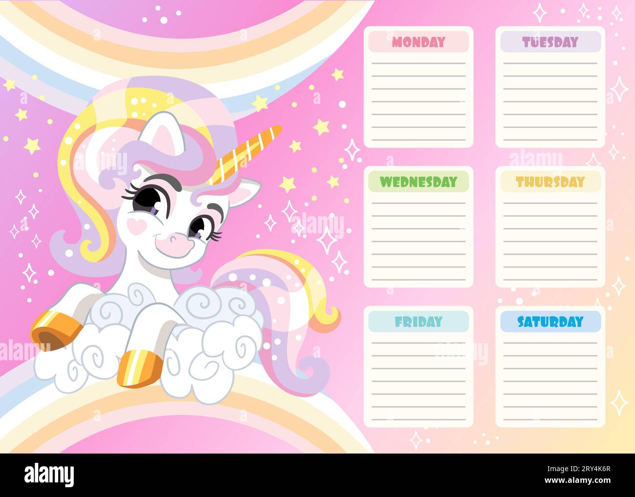 Education timetable schedule. Cartoon happy unicorn on a rainbow ...