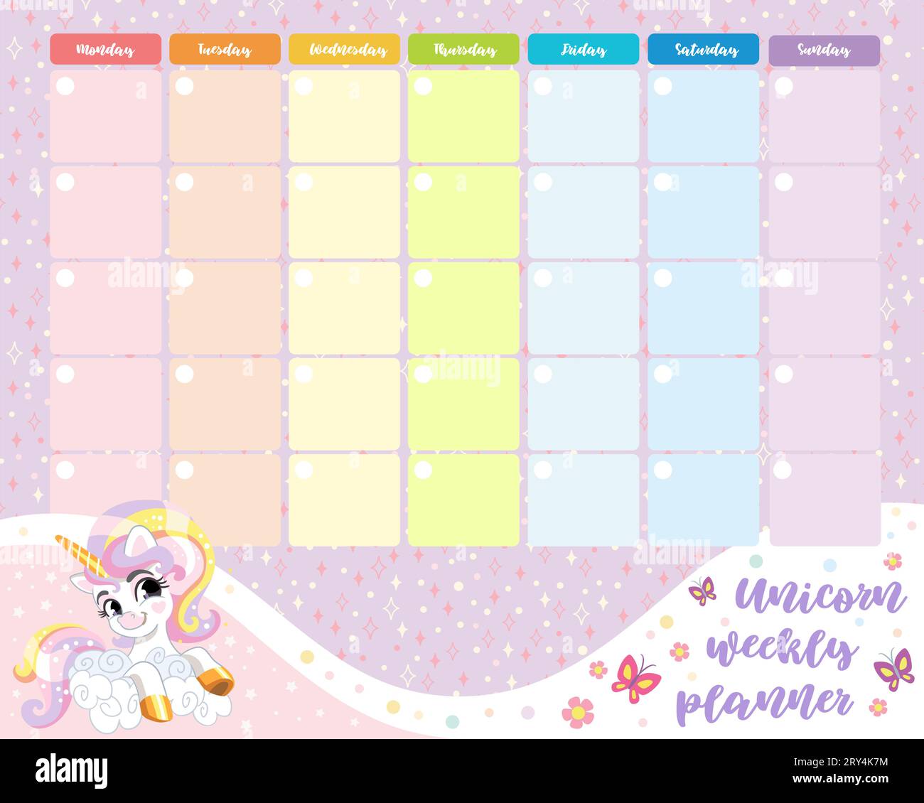 Timetable with cute cartoon sweet unicorn and rainbow. Girlish weekly ...