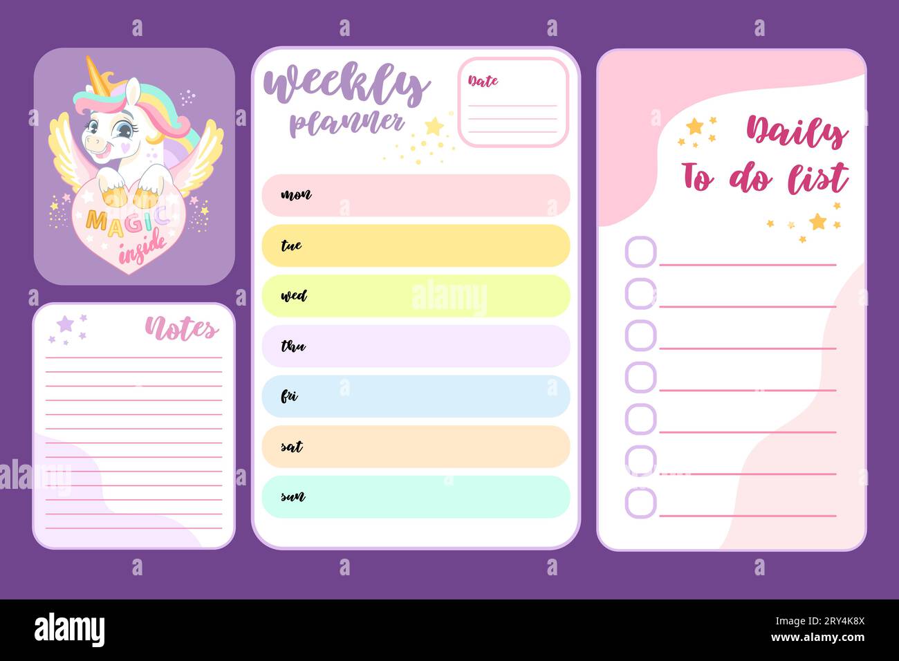 Set of daily planner with cute unicorn. Kids schedule of classes. Notes ...