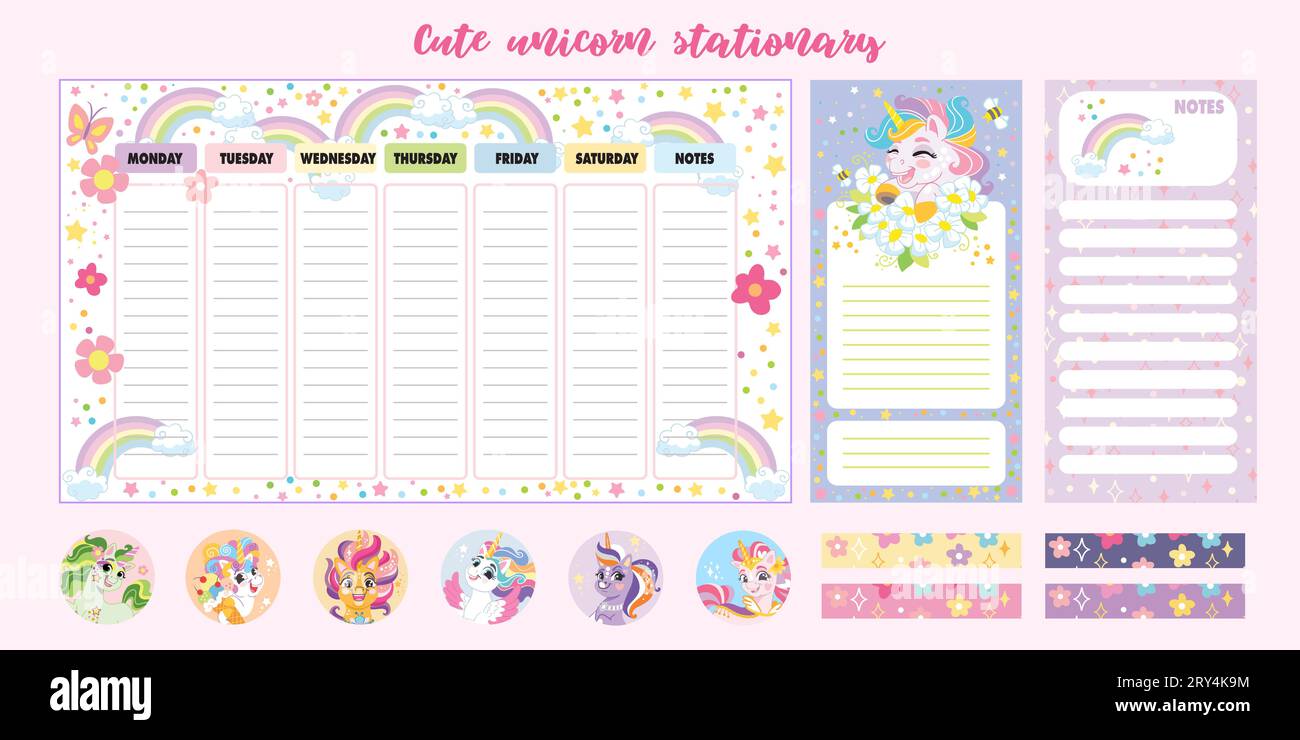 Set of weekly planner with cute unicorns. Kids schedule of classes ...