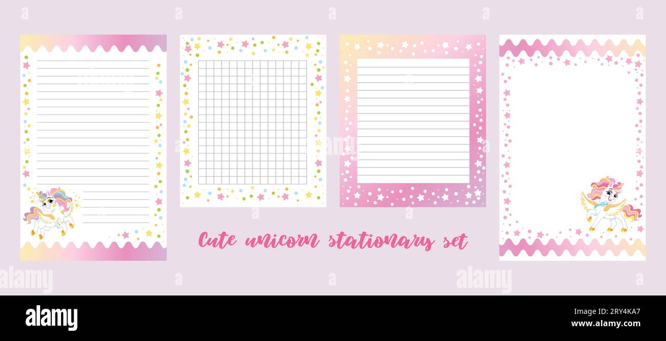Set of note pages with rainbow cute unicorns. Notes and to do list ...