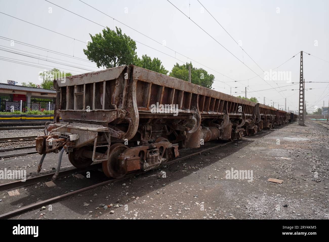 The freight locomotive carriage is at a railway station in North China ...