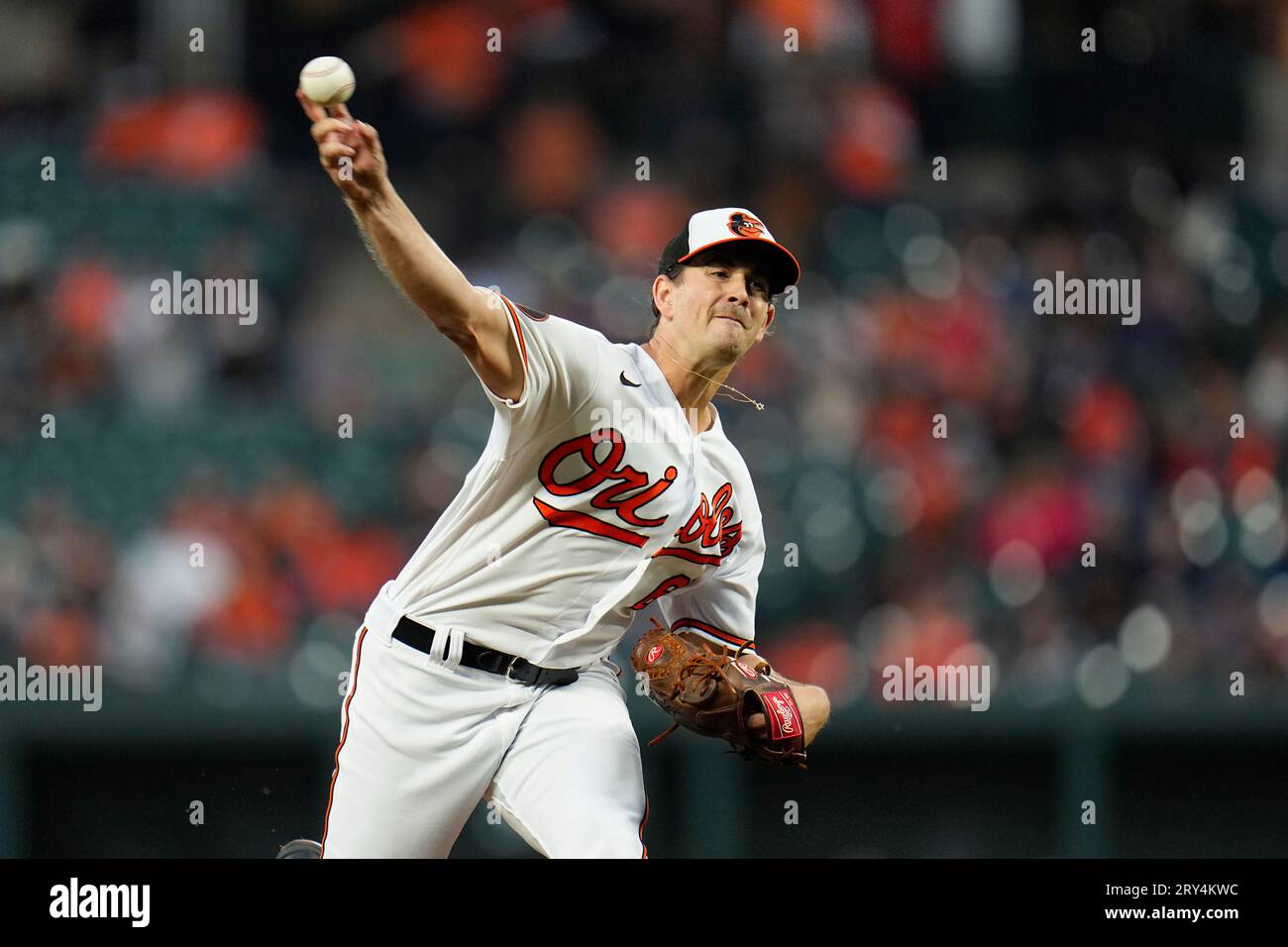 Baltimore Orioles starting pitcher Dean Kremer throws to a Boston Red ...
