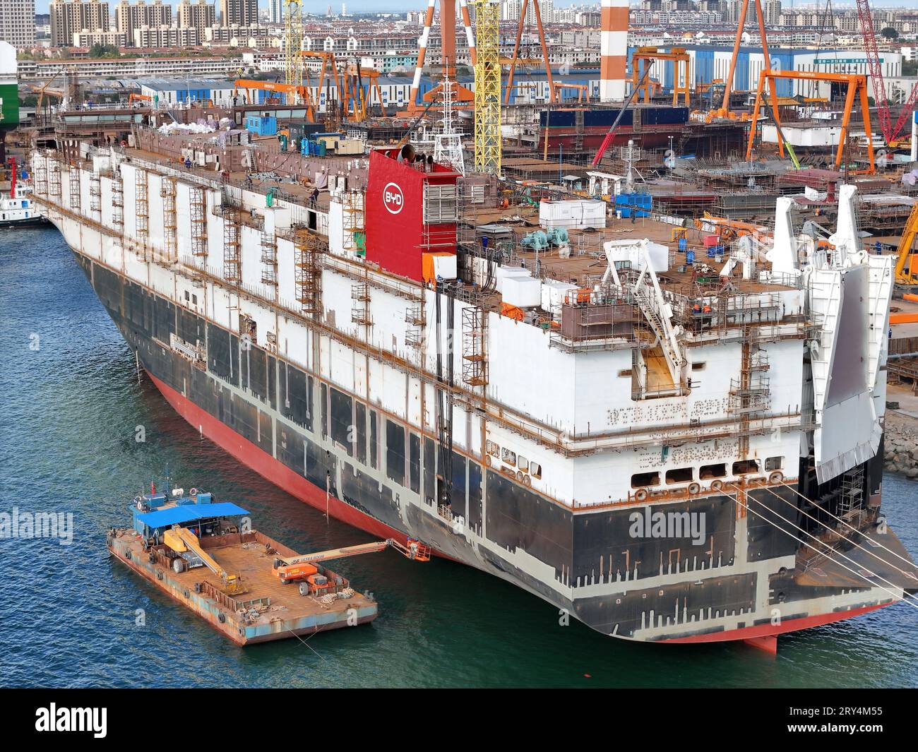 YANTAI, CHINA - SEPTEMBER 28, 2023 - A car ro-ro ship with BYD logo is ...