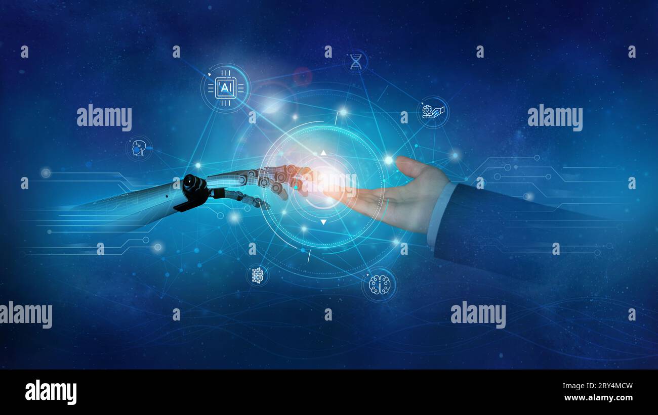 Robot hand and human hand touching digital infographics background ...