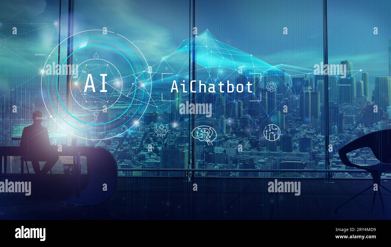 Man working on a computer and AI (Artificial Intelligence) infographics ...