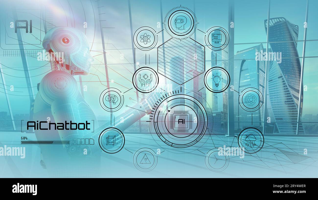 The robot touches the digital interface and learns new skills Stock ...