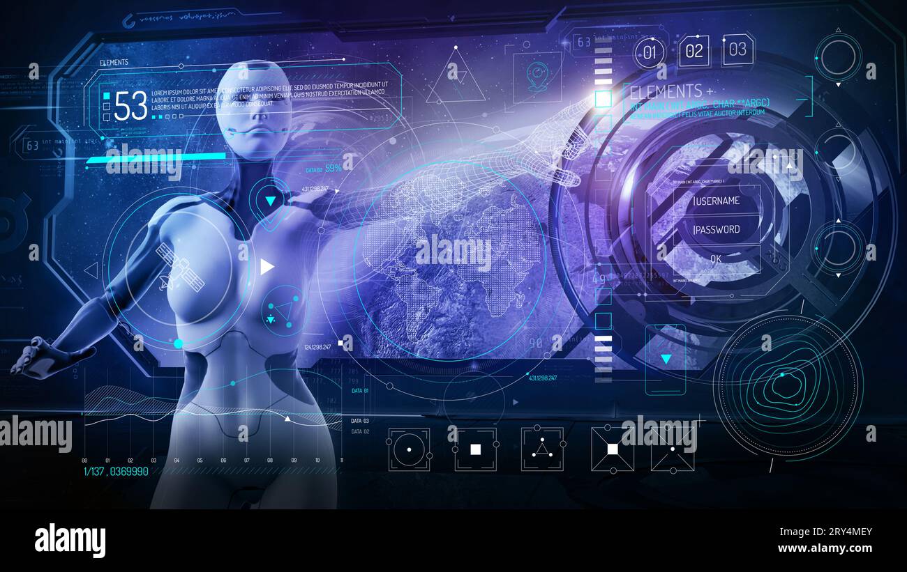 Artificial intelligence works with futuristic touch screen Stock Photo - Alamy