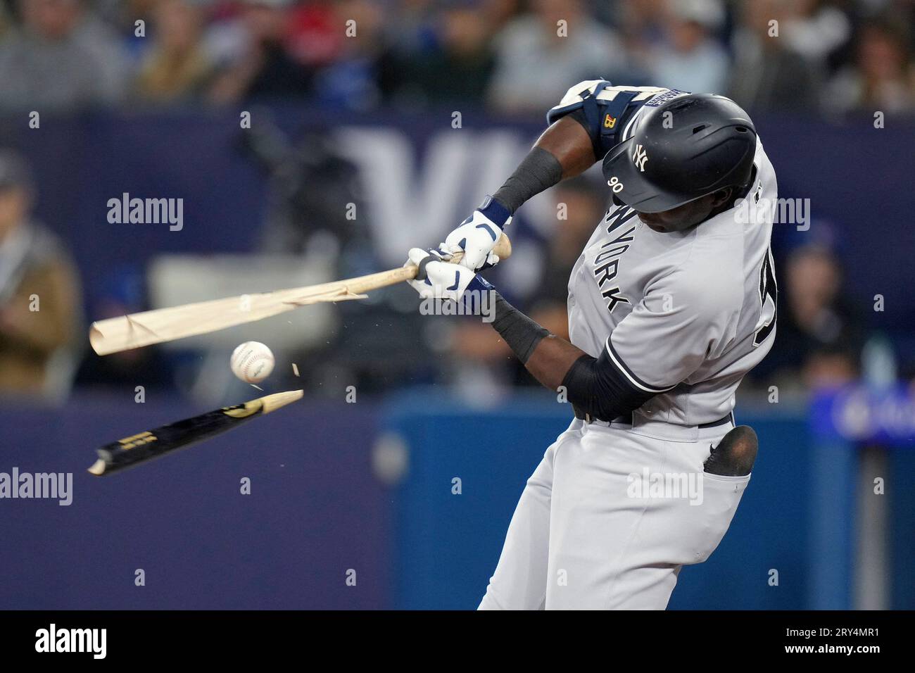 New York Yankees' Estevan Florial breaks his bat on a single against ...
