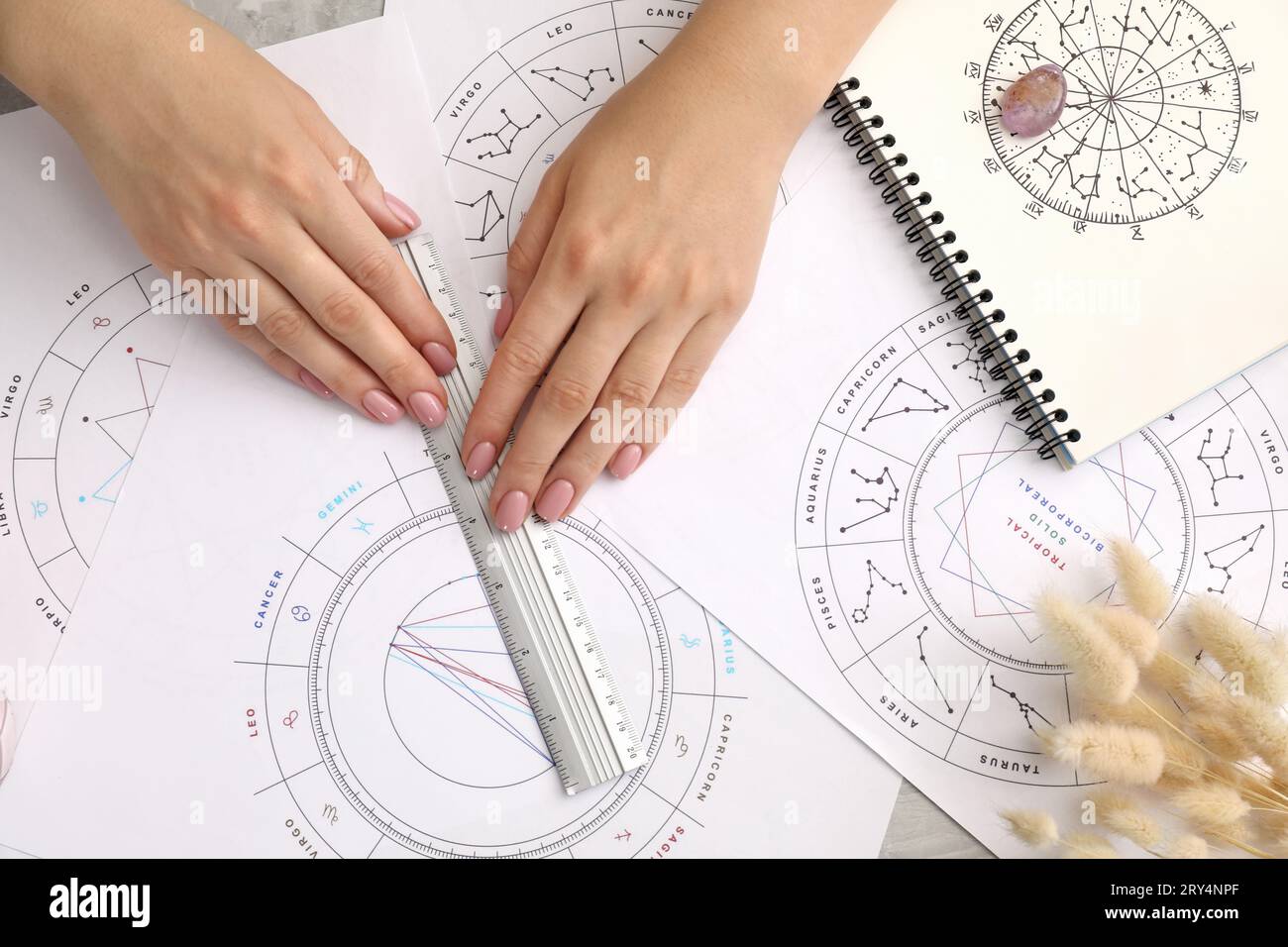 Astrologer calculating natal chart for making forecast of fate at table ...