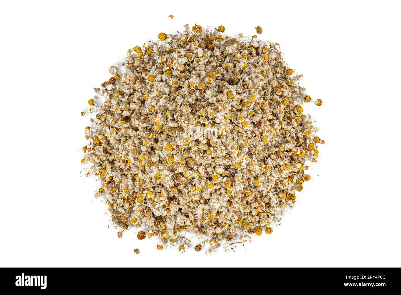 Dried chamomile flowers and chamomile tea. Matricaria chamomilla. Heap ...