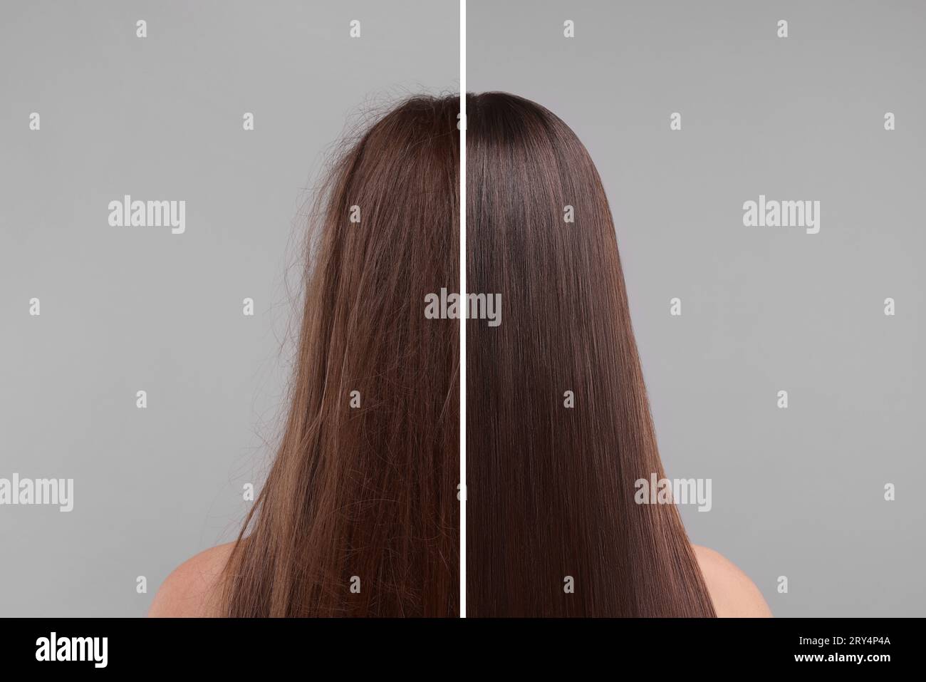 Photo of woman divided into halves before and after hair treatment on ...