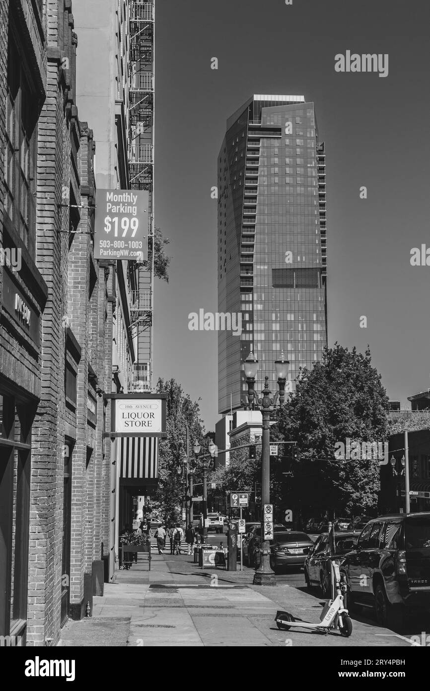 Black and white image of the streets of downtown with the Ritz-Carlton ...