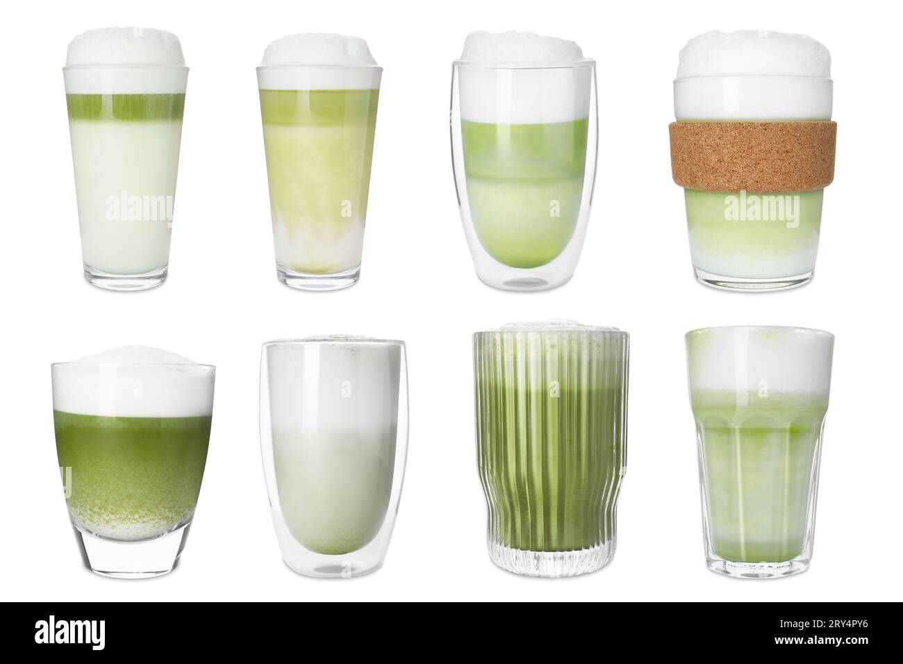 Set with glasses of matcha latte isolated on white Stock Photo - Alamy