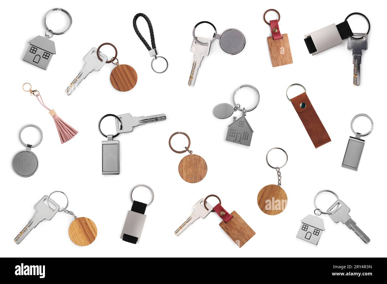 Set with keys and key chains isolated on white Stock Photo - Alamy