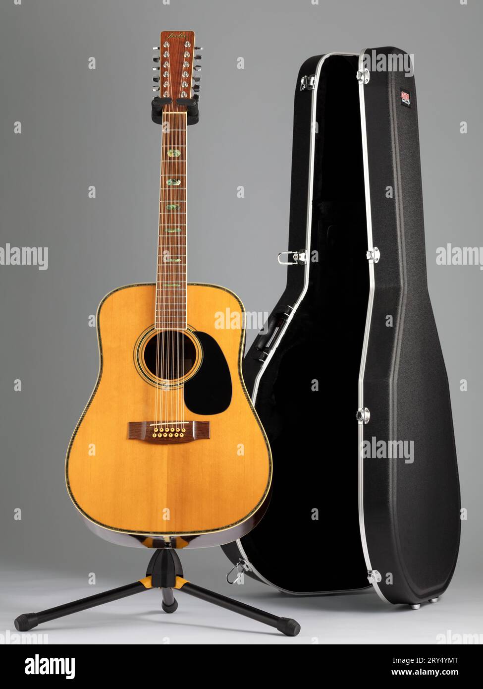 Joodee acoustic 12-string guitar on a stand next to a Gator guitar case ...