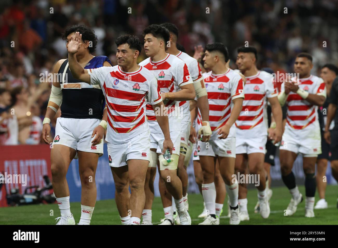 Japan's Players celebrate at the end of the 2023 Rugby World Cup Pool D ...