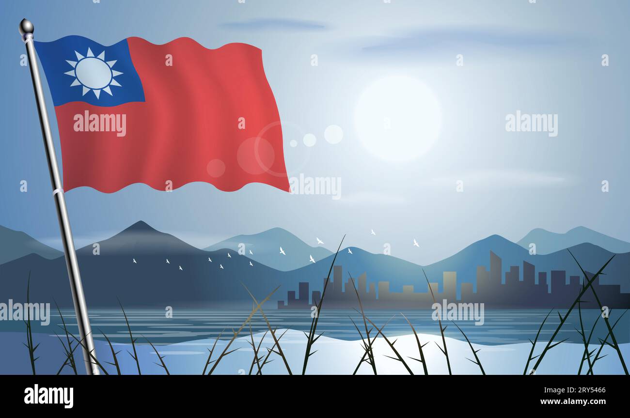 Taiwan flag with sun background of mountains and lakes Stock Vector ...