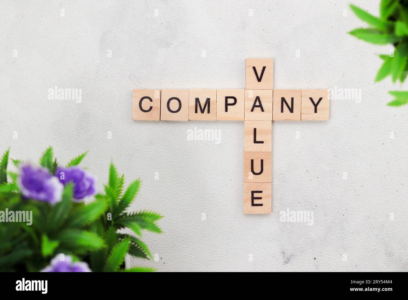 Top view of Company Value word on wooden cube letter block on white ...