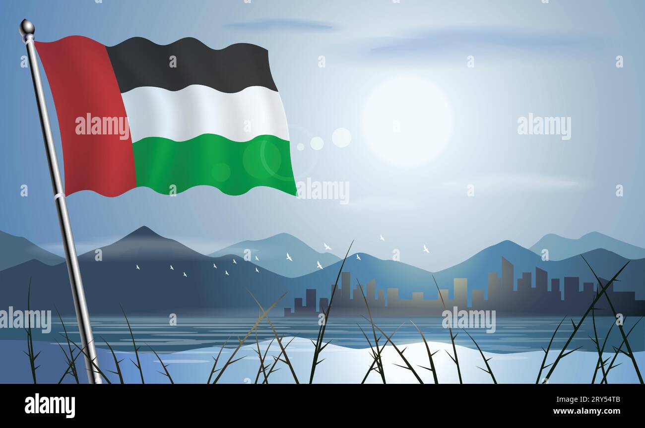 United Arab Emirates flag with sun background of mountains and lakes ...