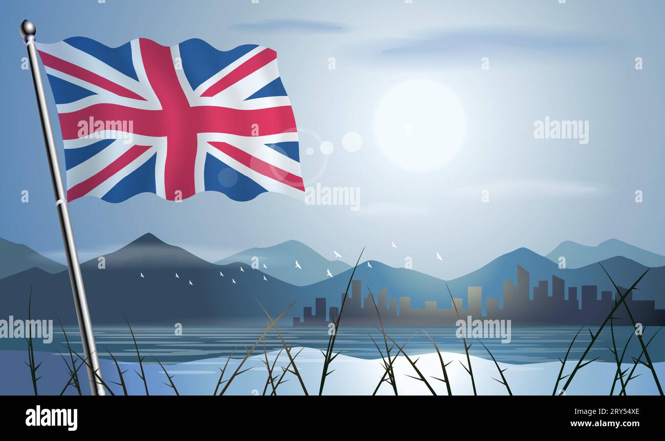 United Kingdom flag with sun background of mountains and lakes Stock ...