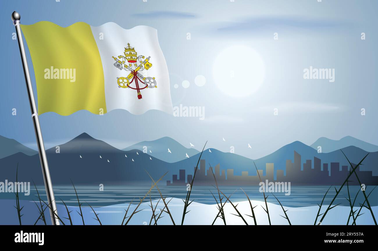 Vatican City flag with sun background of mountains and lakes Stock ...