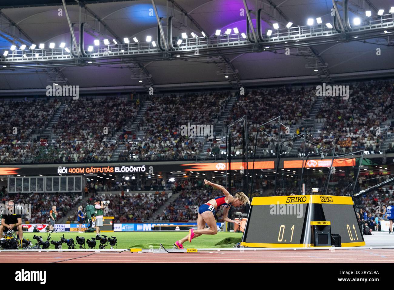 Line Kloster of, Norway. , . competes in women's 400 meter hurdles semi ...
