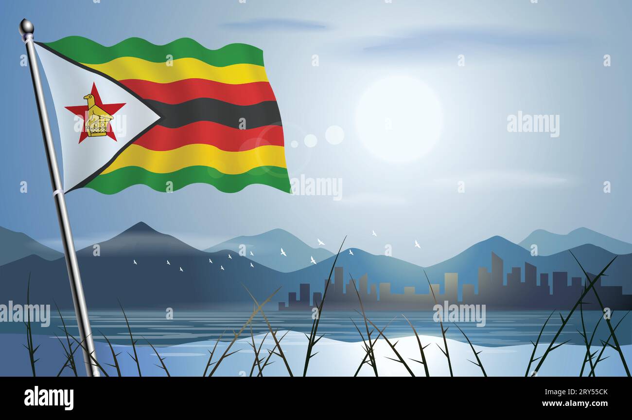 Zimbabwe flag with sun background of mountains and lakes Stock Vector ...
