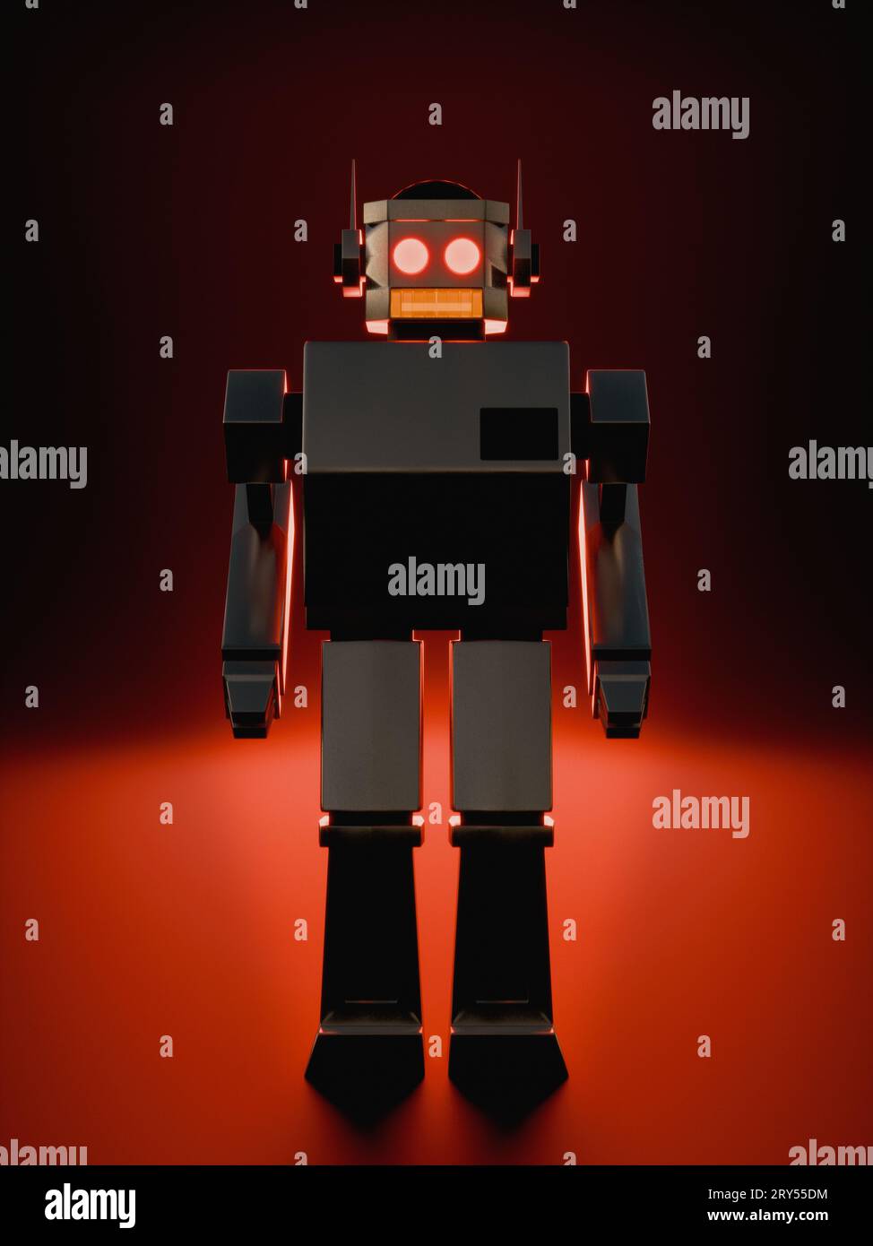Evil metallic robot on red background, artificial intelligence retro ...