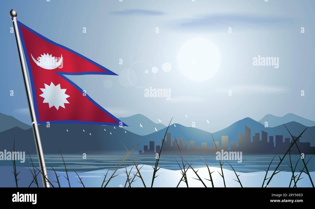 Nepal flag with sun background of mountains and lakes Stock Vector ...