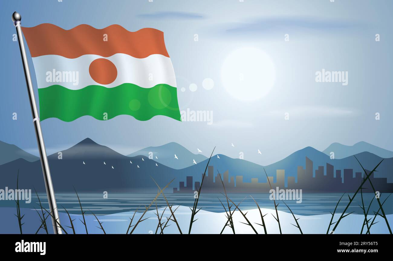 Niger flag with sun background of mountains and lakes Stock Vector ...